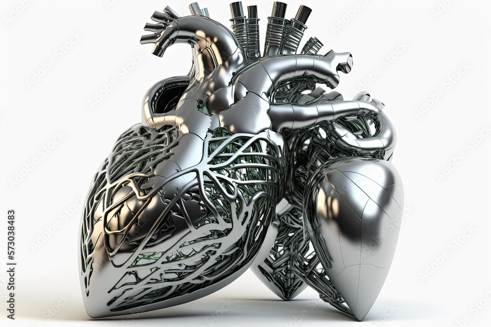 mechanical metal heart of a cyborg robot made of anatomical motor shape ...