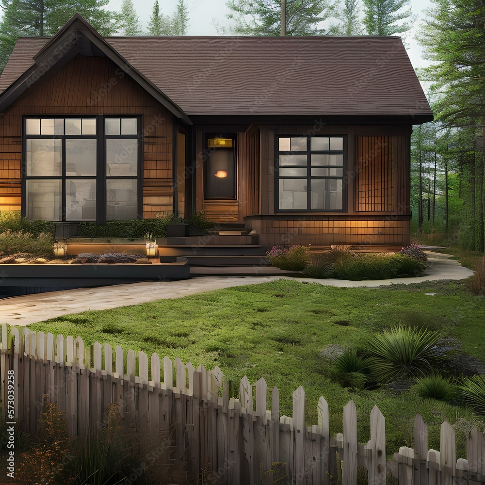 8 A home with all wood siding in a dark stain and simple landscaping 1 ...