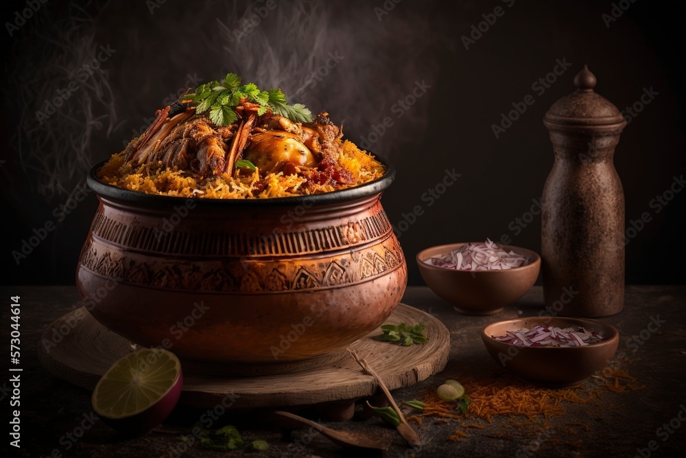 Delicious and spicy chicken biryani in traditional pot, Generative Ai ...