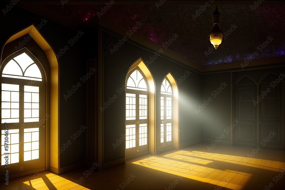 Islamic background painting. Mosque and shadows. Light rays from mosque ...