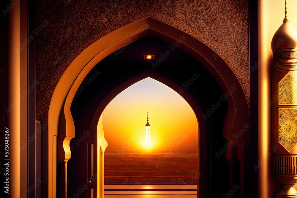 Islamic background painting. Mosque and shadows. Light rays from mosque ...