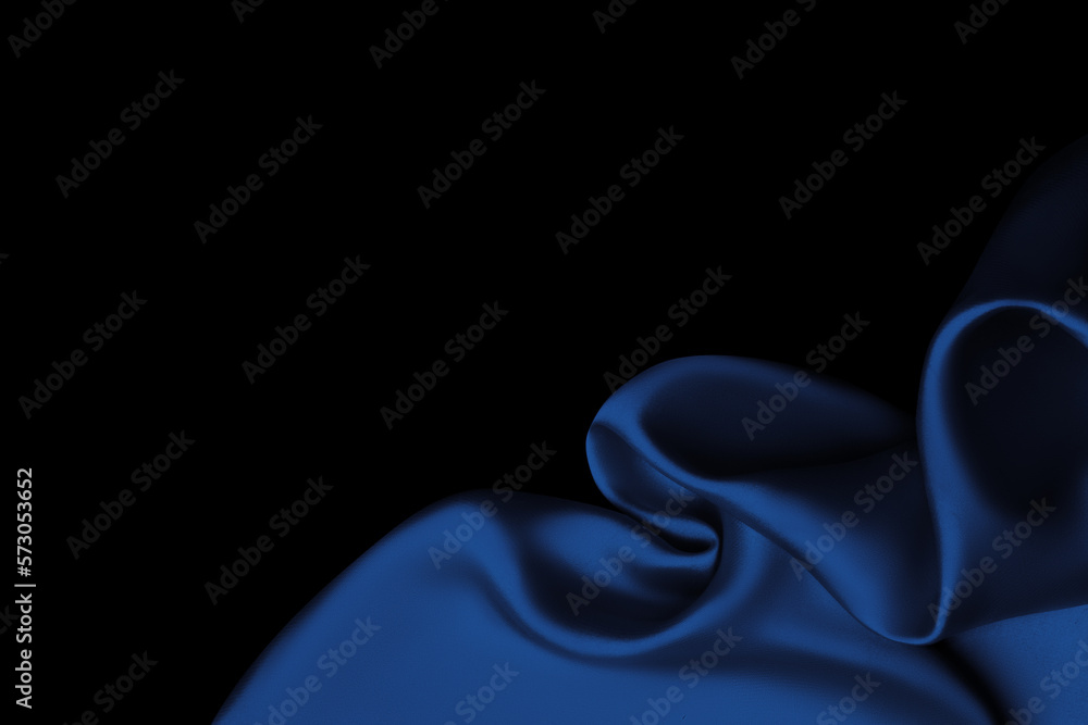 Blue satin fabric lays on the surface in the form of openwork folds ...