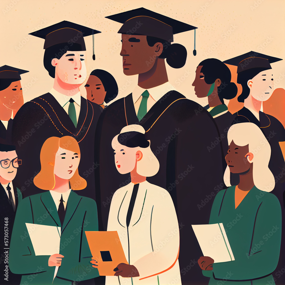 Illustration of a graduation ceremony with a diverse group of students ...