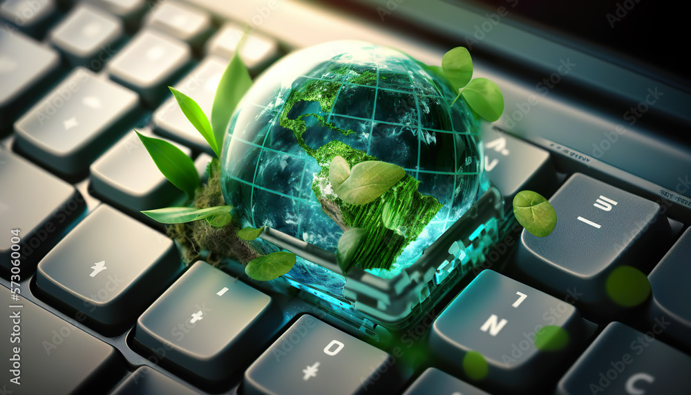 Technology with the concept of nature. Laptop keyboard with green globe ...