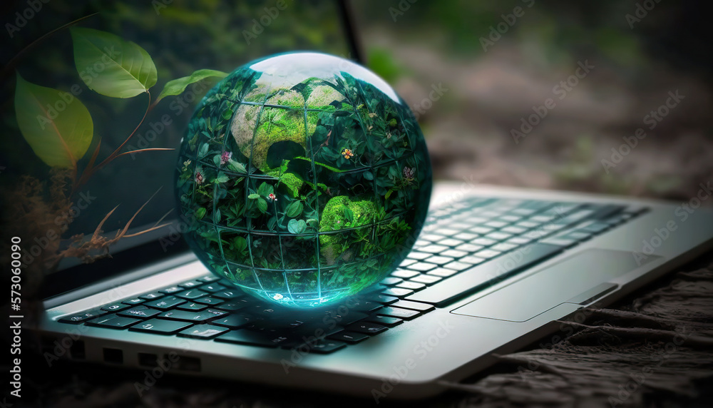 Technology with the concept of nature. Laptop keyboard with green globe ...