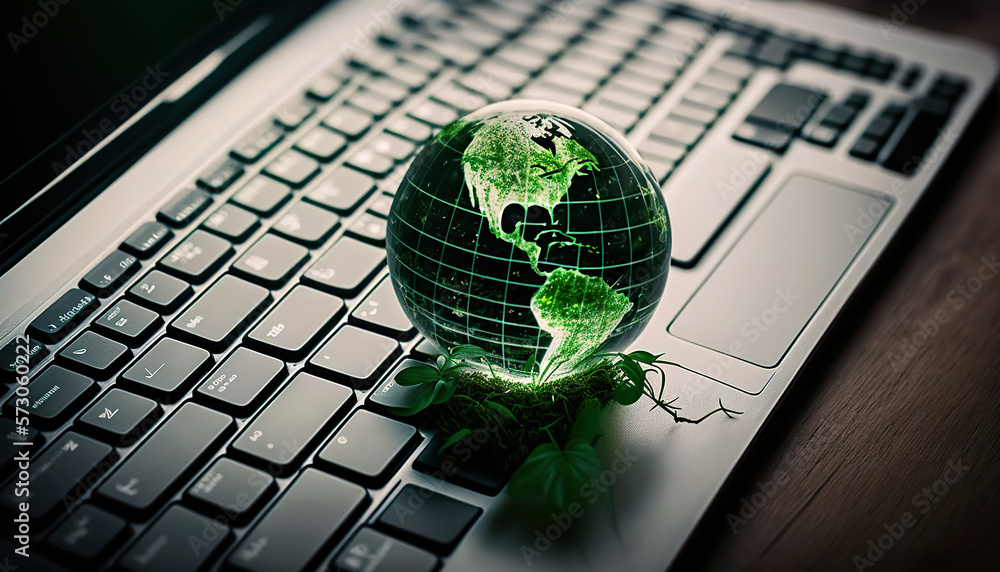Technology with the concept of nature. Laptop keyboard with green globe ...