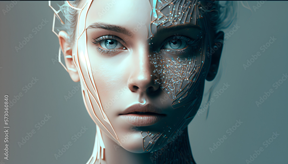 Photo & Art Print human and neural network interactions,white blue and ...