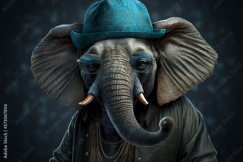 elephant in leather jacket with golden chains, rapper or bandit ...