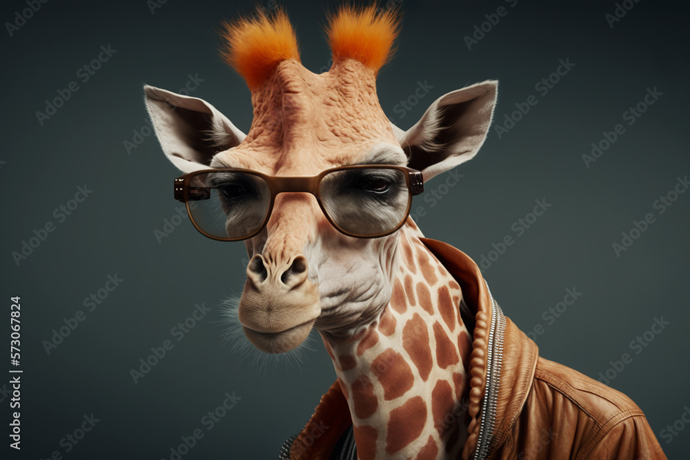 portrait of a giraffe in a jacket and sunglasses, thug or gangster ...