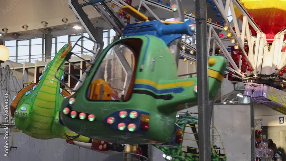 Spinning Helicopters Aircraft Carousel Kids Ride at Amusement Park in ...