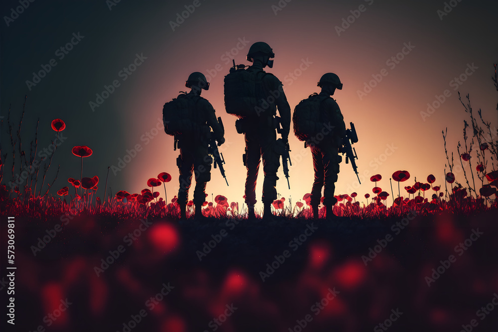 Remembrance Day. Silhouettes of soldiers at poppy field created with ...