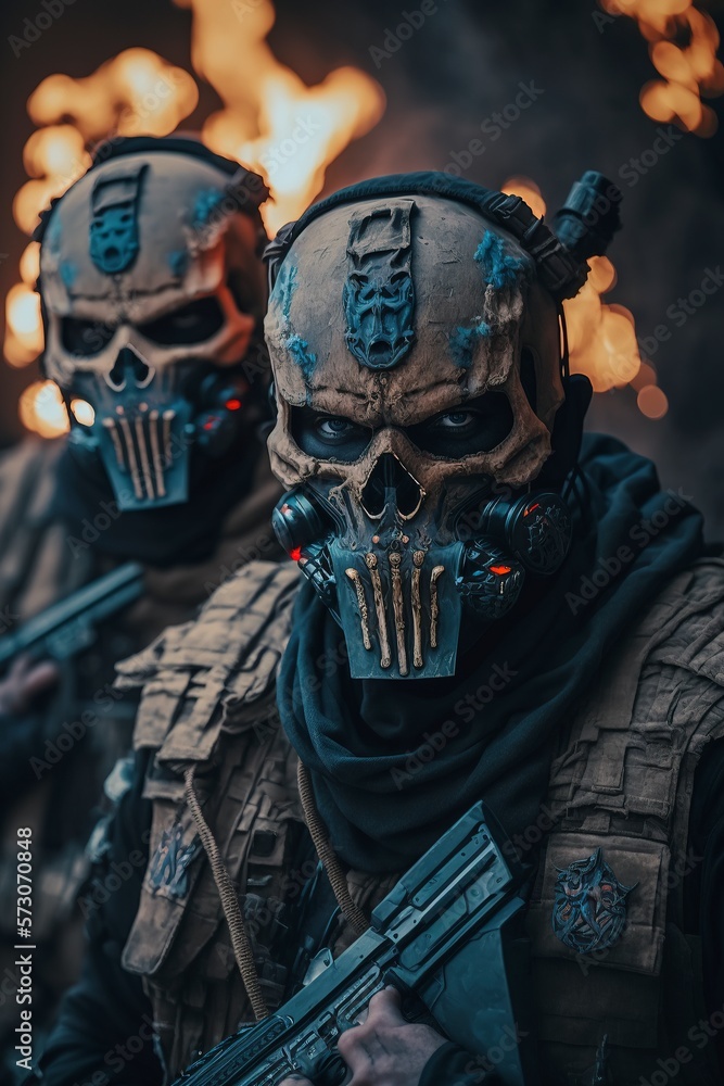 soldier in skull mask holding gun on dark background, generative ai ...