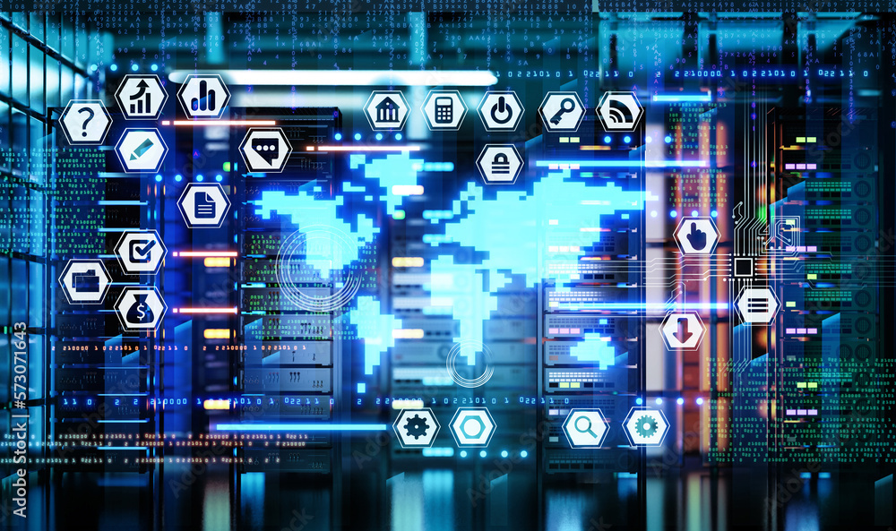 Big server room interior with computer racks and neon dashboard with ...