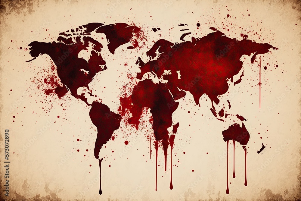 Map of the world made of blood with blood drops, concept of bloody war ...