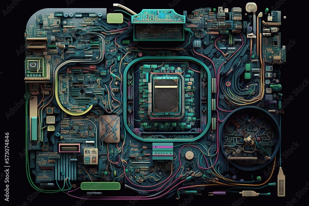 Illustration of computer hardware with colorful circuit boards chips ...
