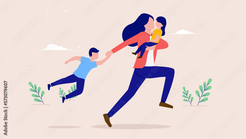 Stressed mother - Woman parent running with children in urgency and hurry. Parenting time crunch ...