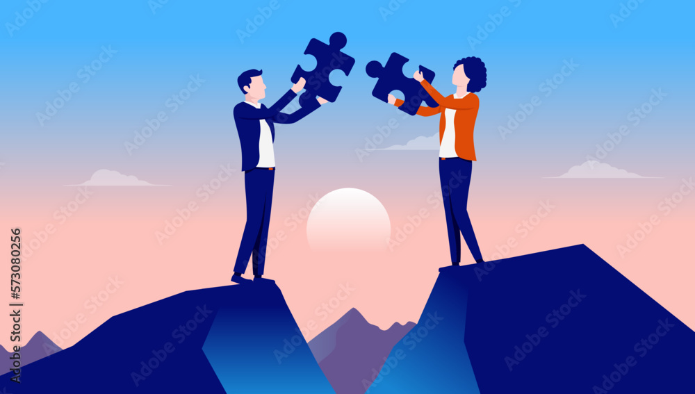 Problem solving together - Two business people connecting jigsaw puzzle ...