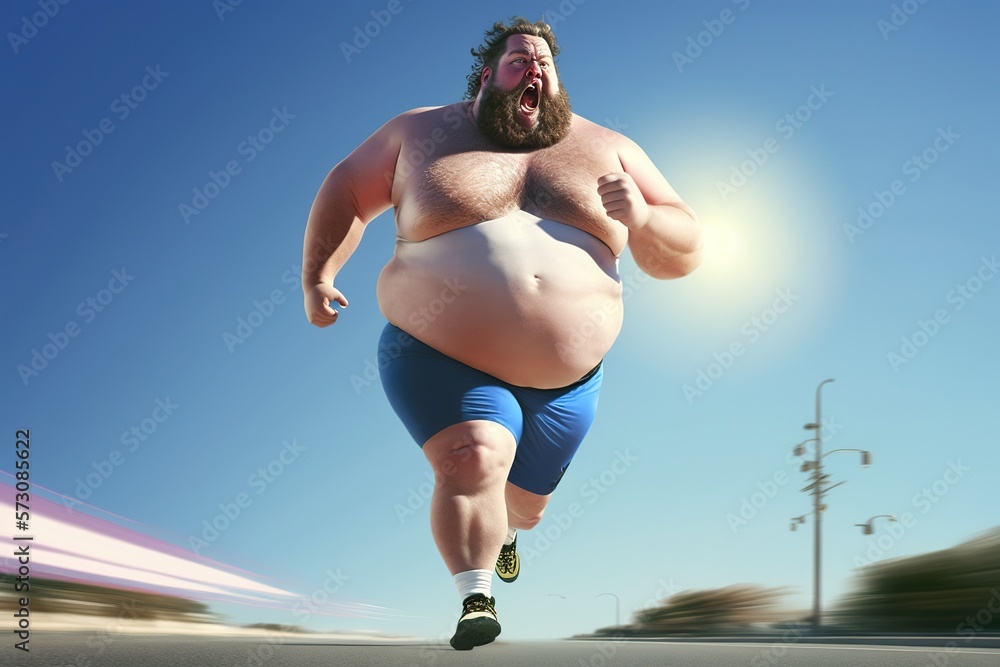 An Overweight Fat Man In Sports Clothing Is Running With Determination