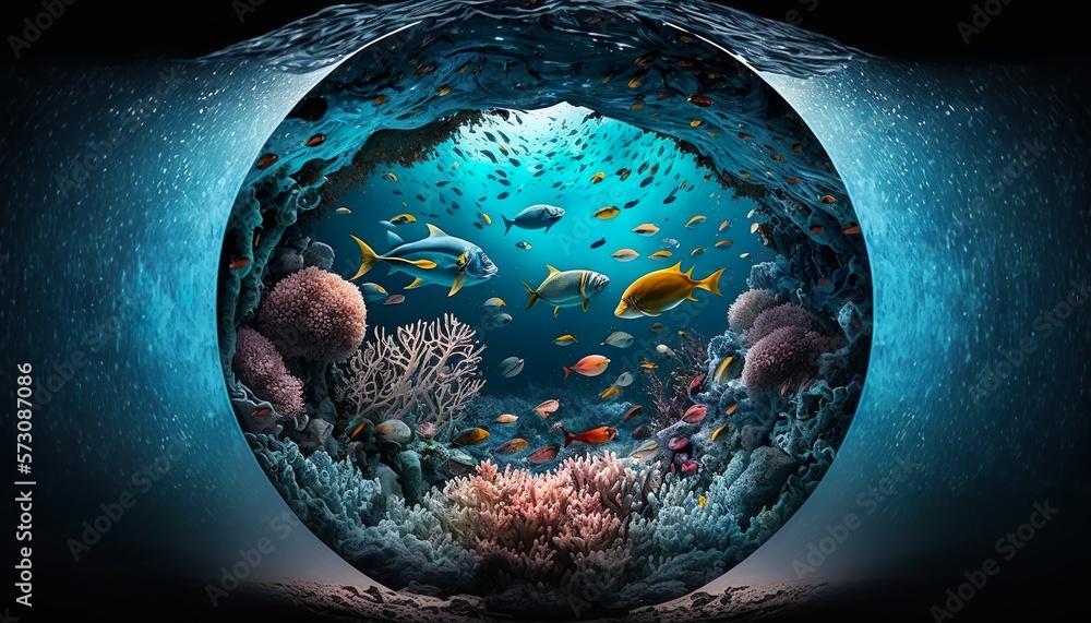 Colorful underwater sea ocean fishes corals vivid colors fisheye lens ...