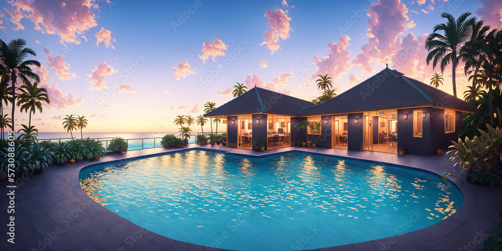 A swimming pool next to luxury bungalow or villa suitable for big party ...