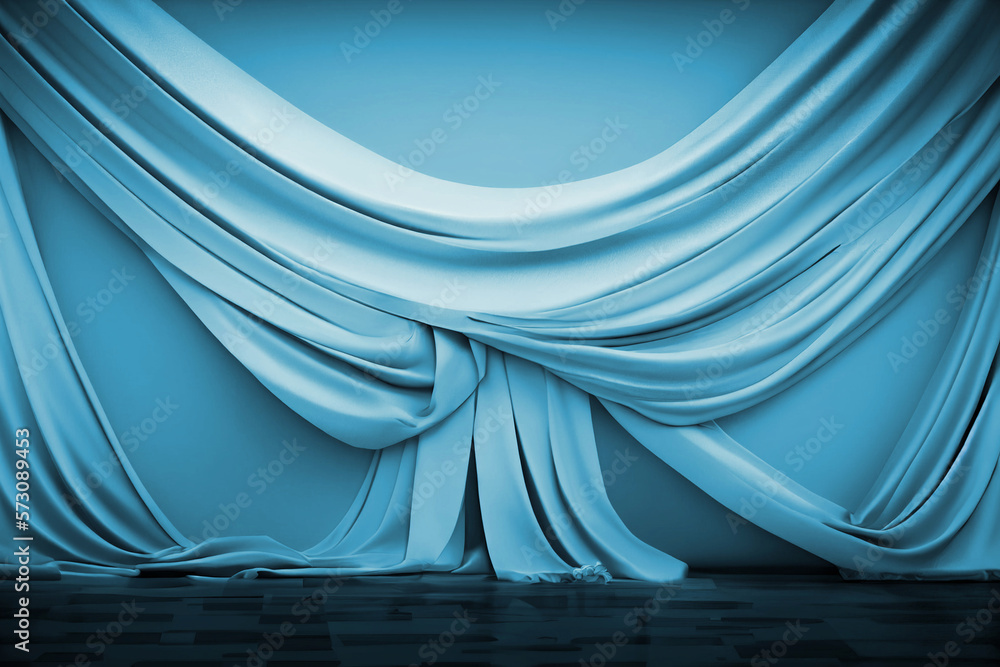 Blue fabric draped over the wall background, luxury silk backdrop for ...
