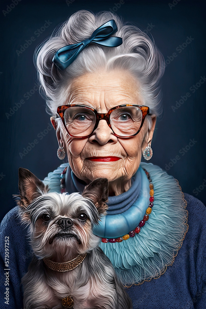 90 year old Caucasian female with happy facial expression head and shoulders with small dog ...