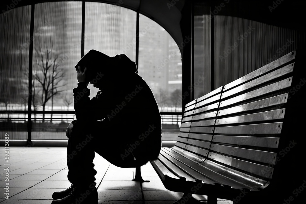 Silhouette of depressed man sitting head in hands on the walkway of ...