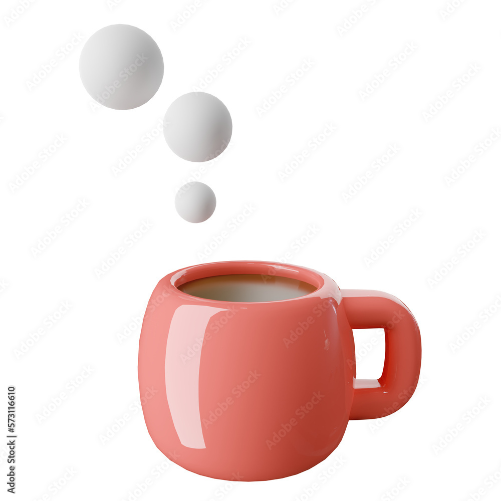 Cute red coffee mug in cartoon style with sphere steam on transparent ...