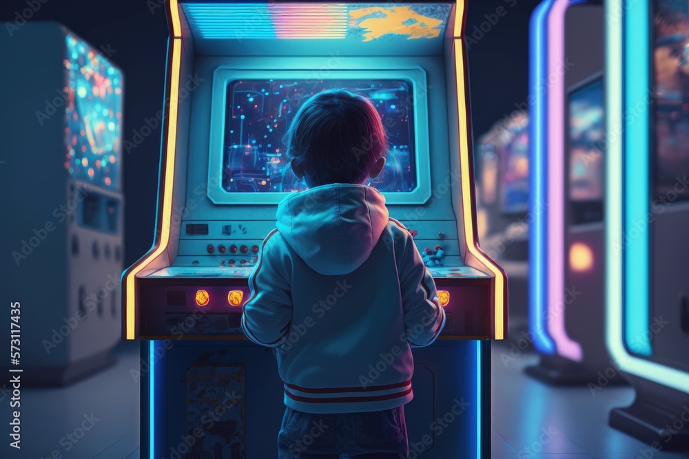 Boy playing arcade machine with neon lights, Back view of boy playing ...
