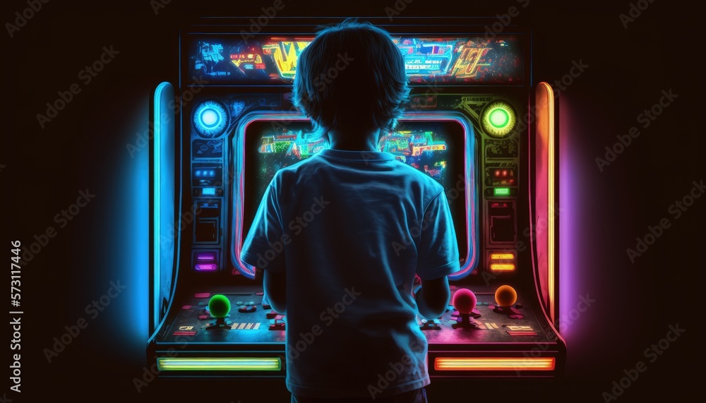 Boy playing arcade machine with neon lights, Back view of boy playing ...