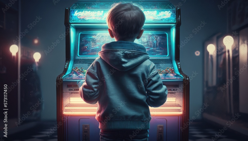 Boy playing arcade machine with neon lights, Back view of boy playing ...