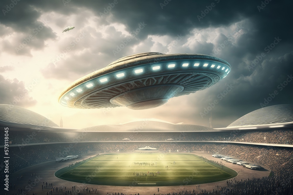 Flying saucer flying over soccer stadium, alien ship, alien spaceship ...