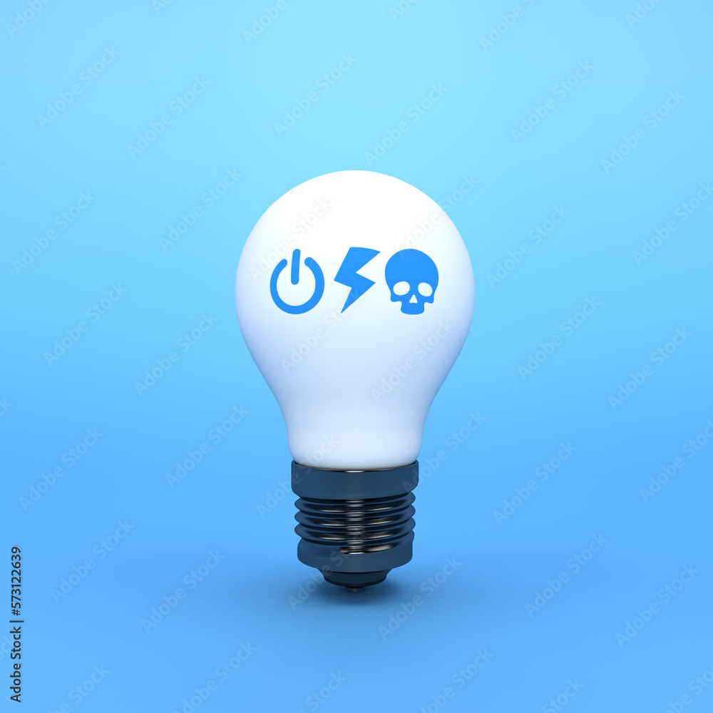 Light bulb is isolated on a light blue background. Warning signs ...