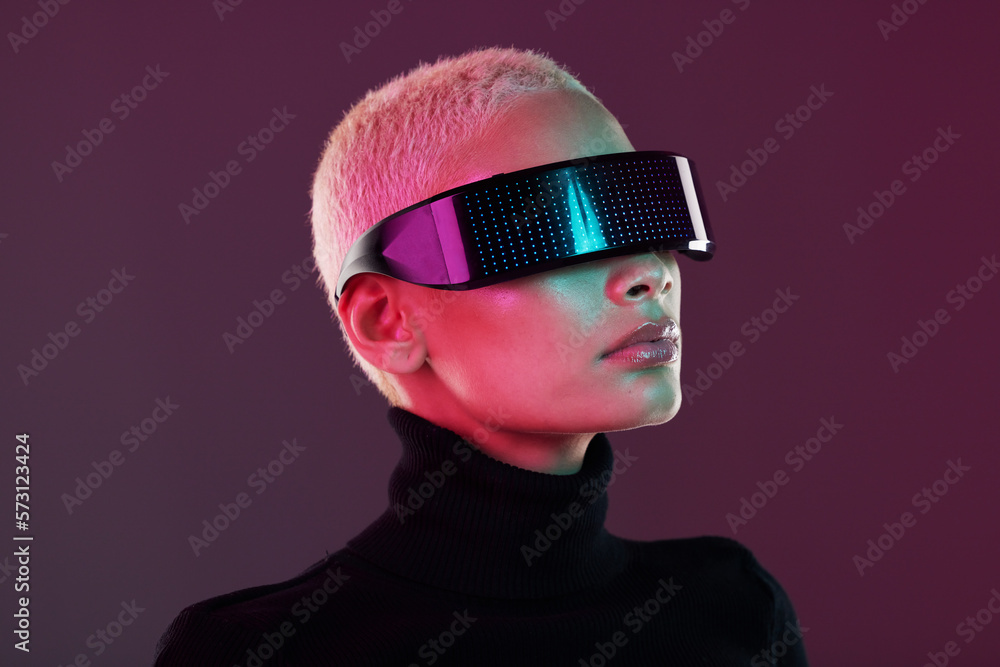 Vr glasses, woman and metaverse for futuristic gaming, digital ...