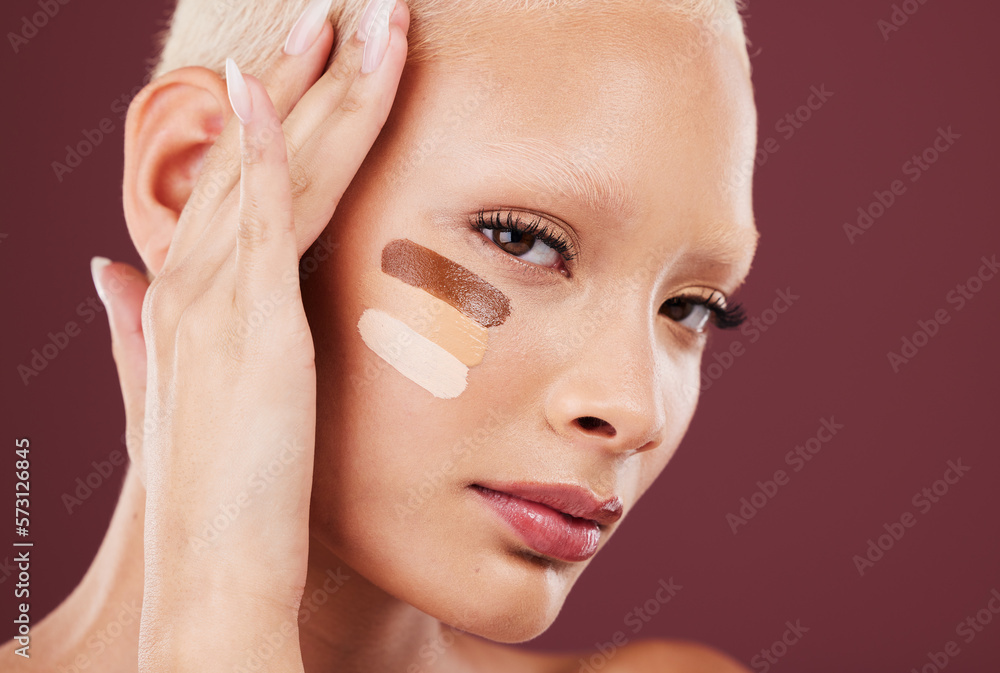 Foundation, makeup and portrait of woman with cosmetics products ...