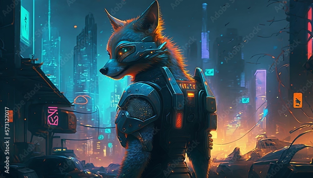 Cyberpunk Fox with futuristic cityscape with Generative AI Technology ...