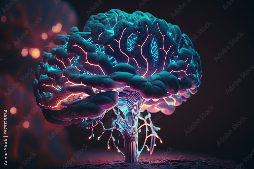 Enchant the brain of artificial intelligence. Neon light, thinking ...