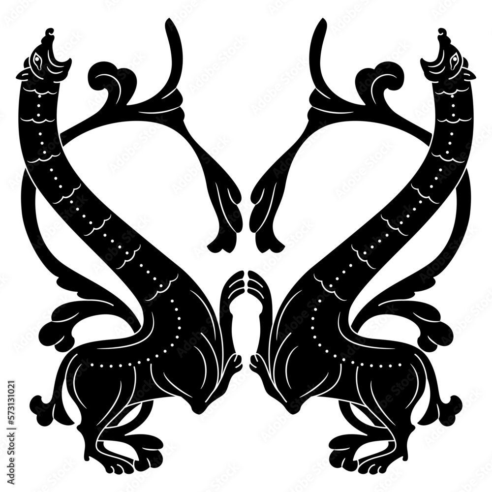 Symmetrical design with two medieval dragons with long necks and tails ...