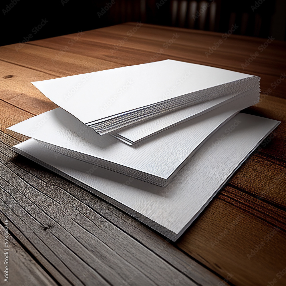 Mock up blank A4 paper stack on wooden table. Mock up. Copy space blank ...