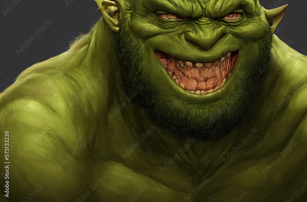 Portrait of terrifying green monster. Fantastic creature. Orc. Ogre ...