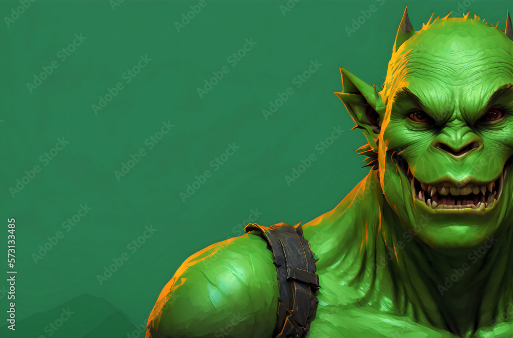 Portrait of terrifying green monster. Fantastic creature. Orc. Ogre ...