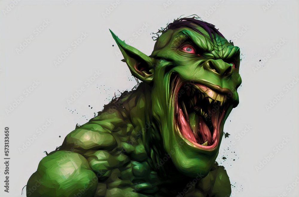 Portrait of terrifying green monster screaming. Fantastic creature. Orc ...