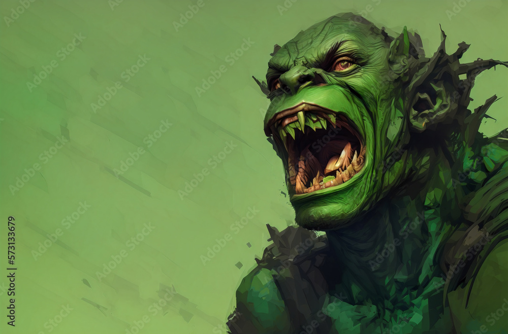 Portrait of terrifying green monster screaming. Fantastic creature. Orc ...