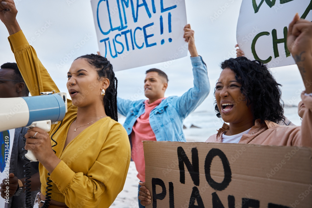 Protest, global warming and megaphone with black woman at the beach for ...