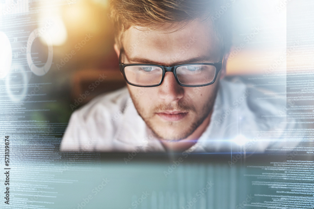 Programmer, code and man with hologram, cyber security and data ...