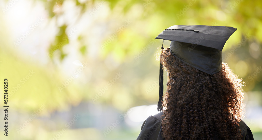 Graduation cap, mockup and black woman thinking future, education and ...