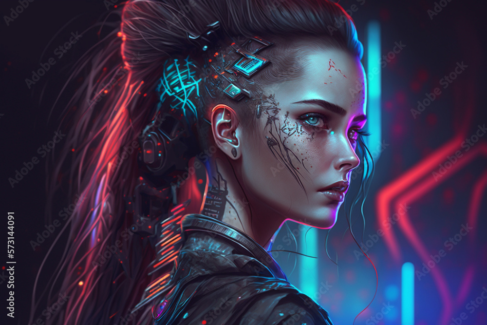 Cyberpunk style portrait of beautiful young woman portrait Stock ...