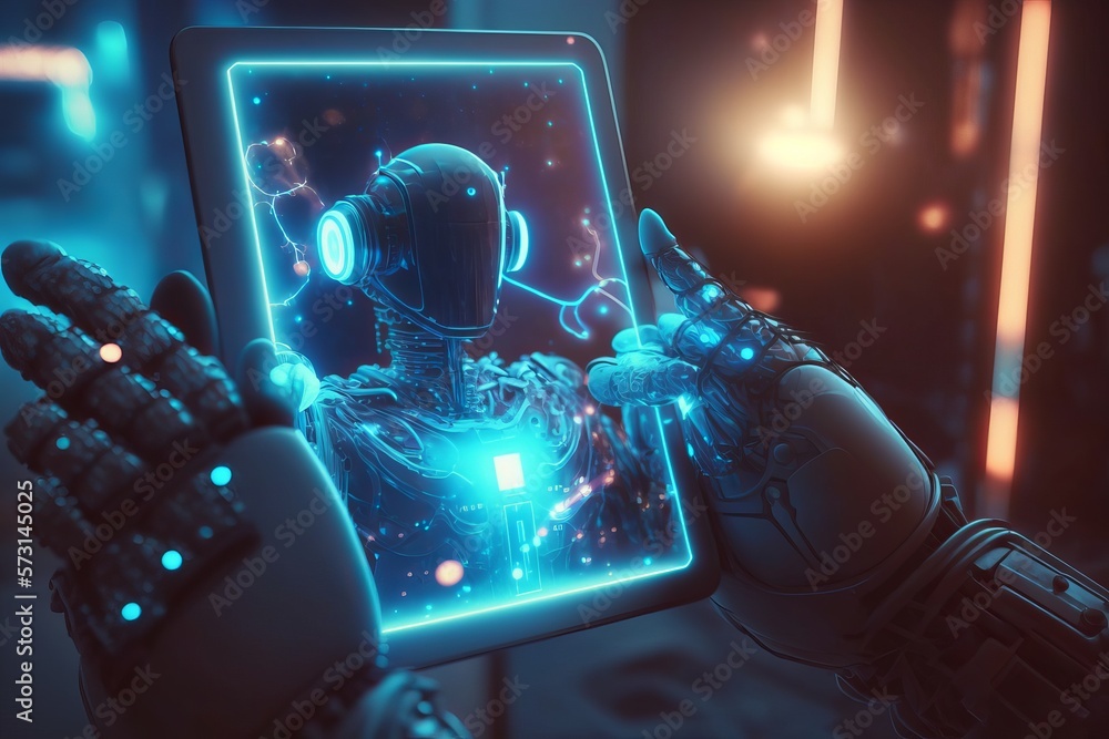 Closed up Ai Robot hand touching tablet and showing Ai data on screen ...