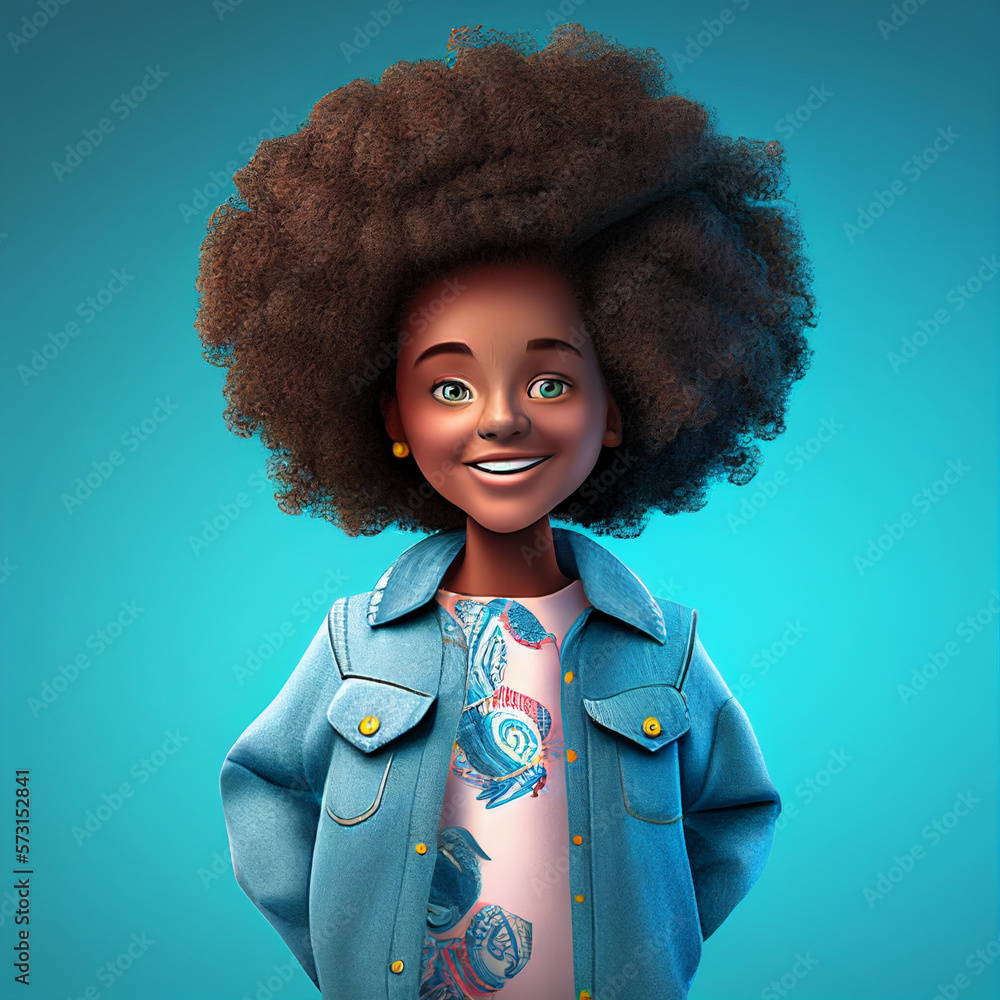 3d cartoon character cute girl smiling beautiful african afro hair, on ...