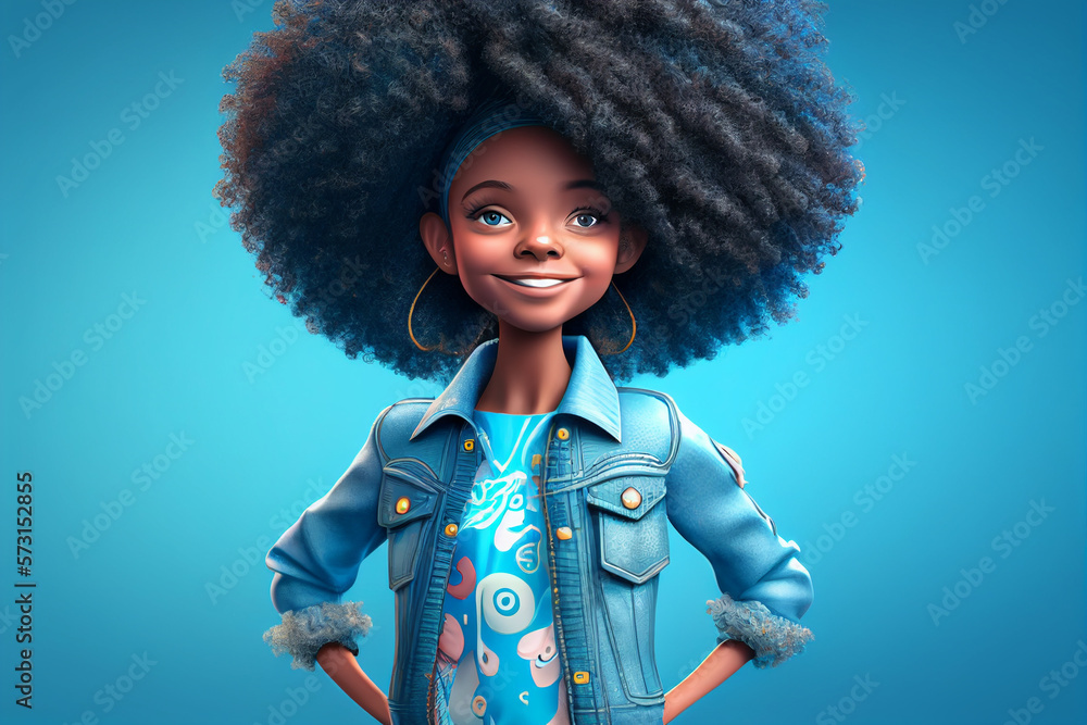 3d cartoon character cute girl smiling beautiful african afro hair, on ...